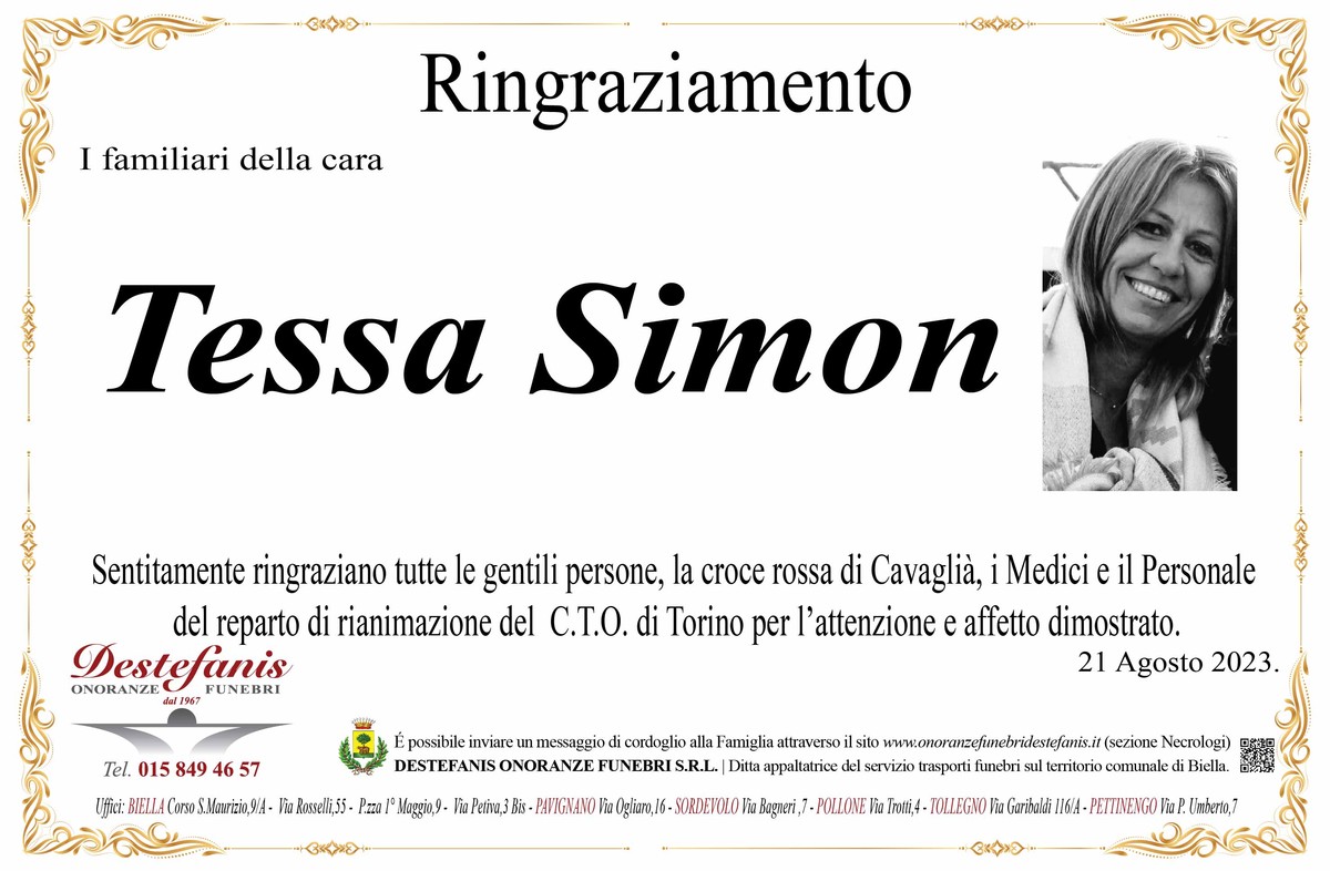 Tessa Simon, ringraziamento - Newsbiella.it