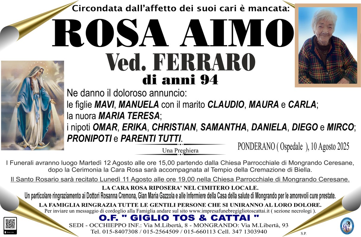 Rosa Aimo, Ved. Ferraro - Newsbiella.it