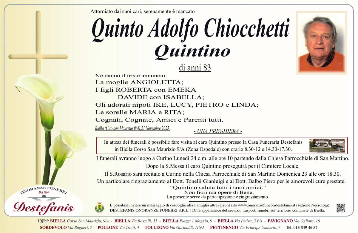 Quinto Adolfo Chiocchetti Quintino - Newsbiella.it
