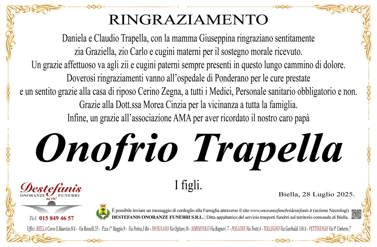 Onofrio Trapella - Ringraziamento - Newsbiella.it