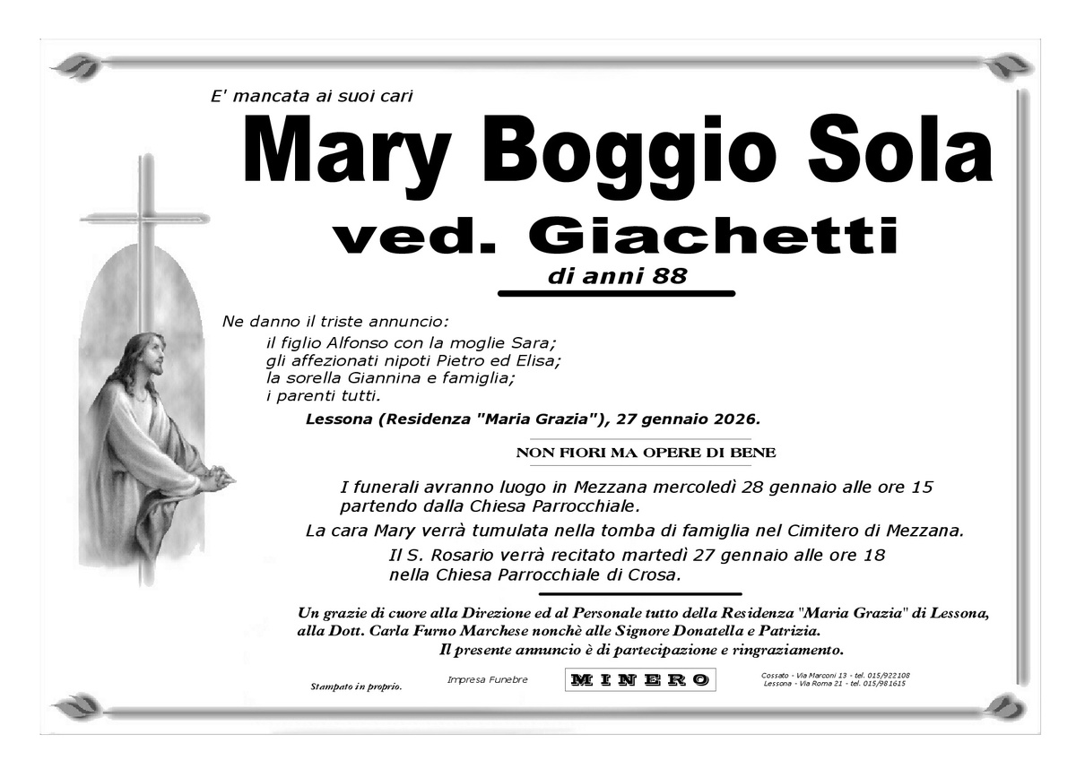 Mary Boggio Sola, ved. Giachetti - Newsbiella.it