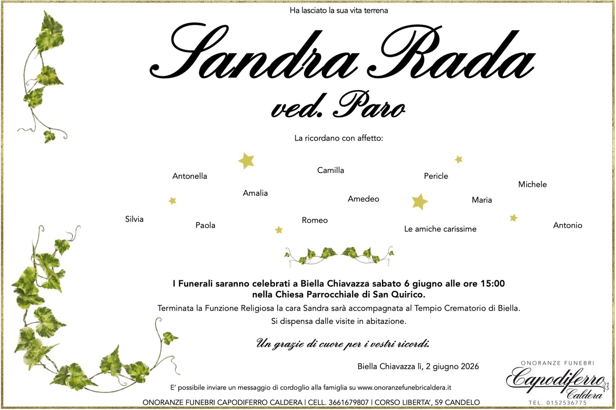 Sandra Rada, ved. Paro - Newsbiella.it