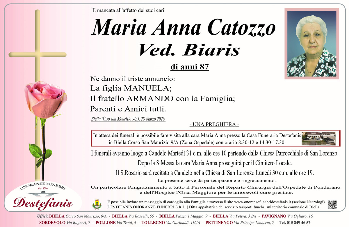 Maria Anna Catozzo Ved. Biaris - Newsbiella.it