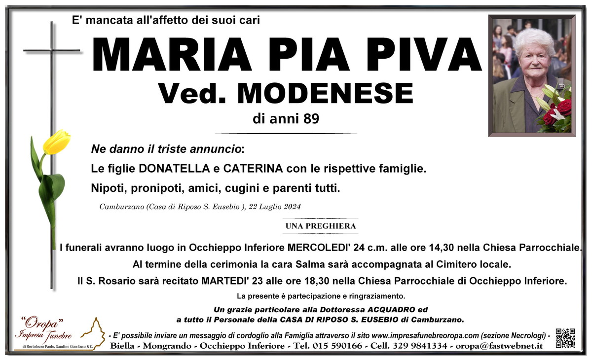 Maria Pia Piva, ved. Modenese - Newsbiella.it