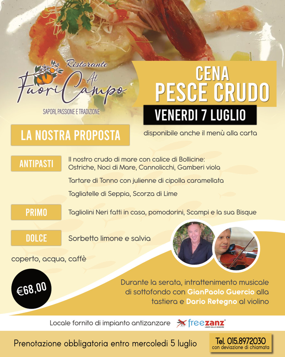 Piatto, al ristorante Al Fuori Campo la cena di pesce crudo - Newsbiella.it