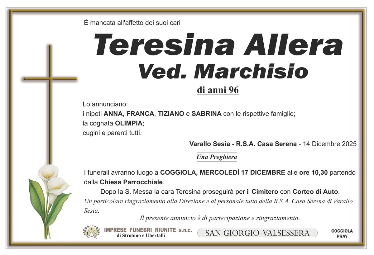 Teresina Allera, ved. Marchisio - Newsbiella.it