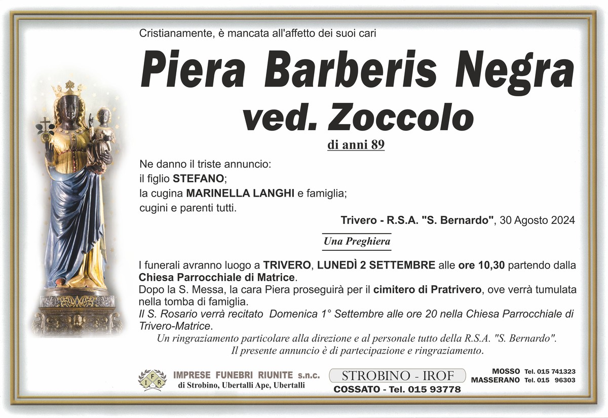 Piera Barberis Negra, ved. Zoccolo - Newsbiella.it
