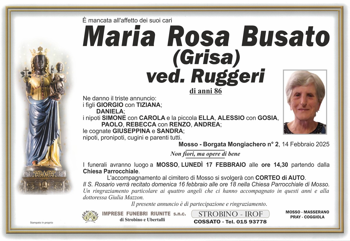 Maria Rosa Busato (Grisa), ved. Ruggeri - Newsbiella.it