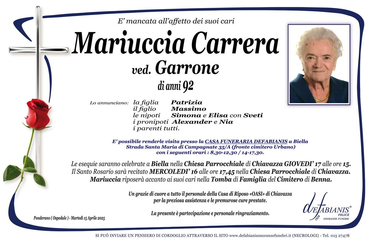 Mariuccia Carrera, ved. Garrone - Newsbiella.it