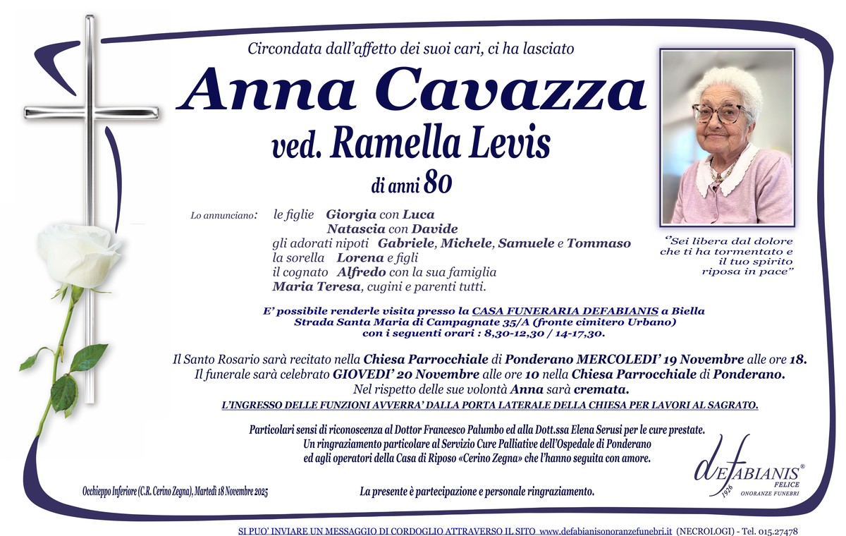 Anna Cavazza, ved. Ramella Levis - Newsbiella.it
