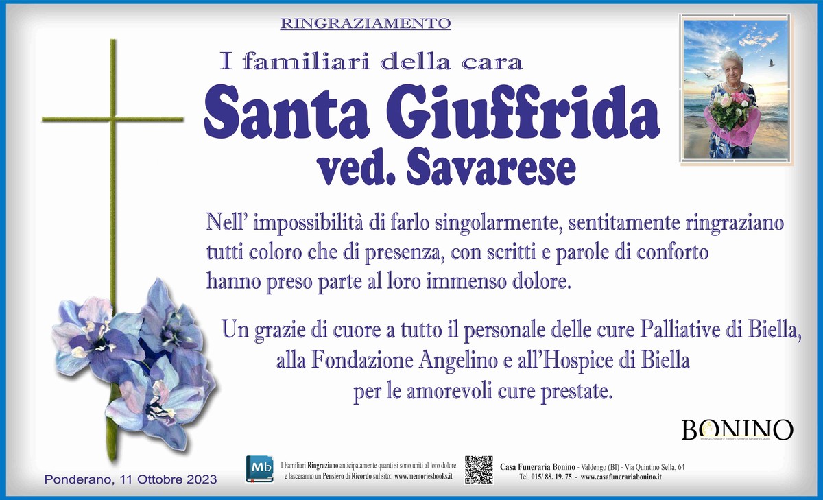Santa Giuffrida Ved. Savarese, ringraziamento - Newsbiella.it