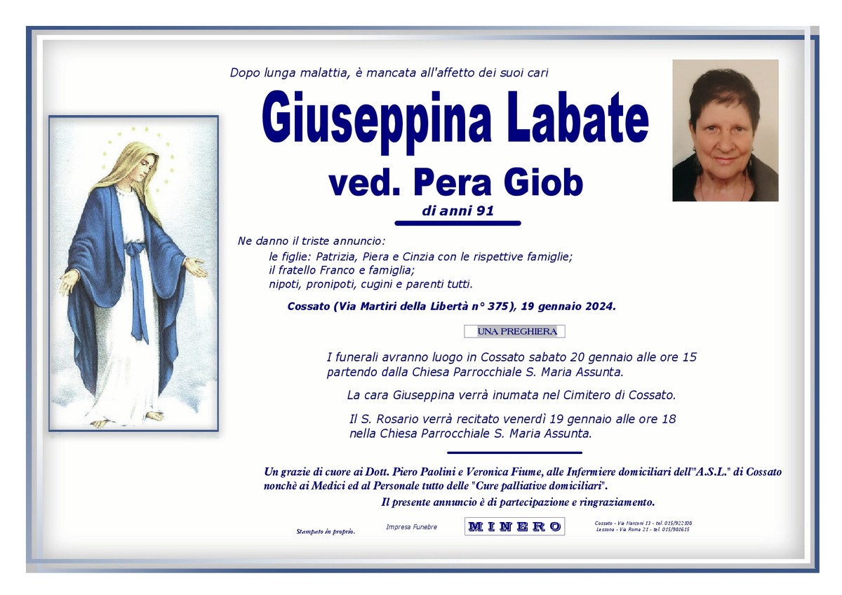 Giuseppina Labate ved. Pera Giob - Newsbiella.it