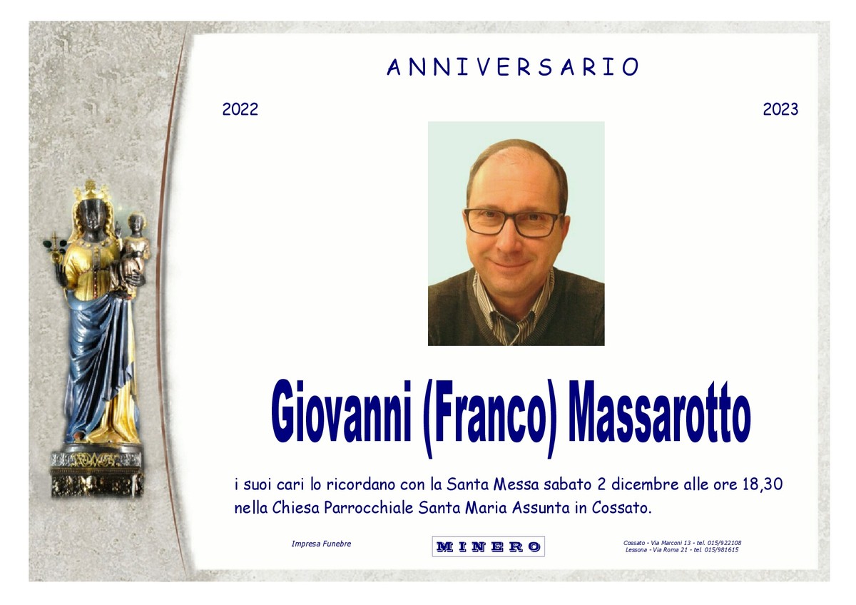 Giovanni (Franco) Massarotto, anniversario - Newsbiella.it
