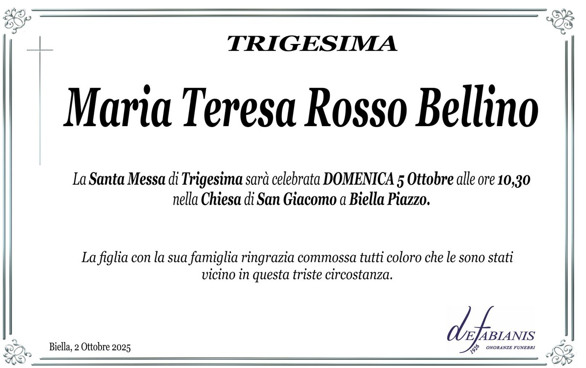 Maria Teresa Rosso Bellino - Trigesima - Newsbiella.it