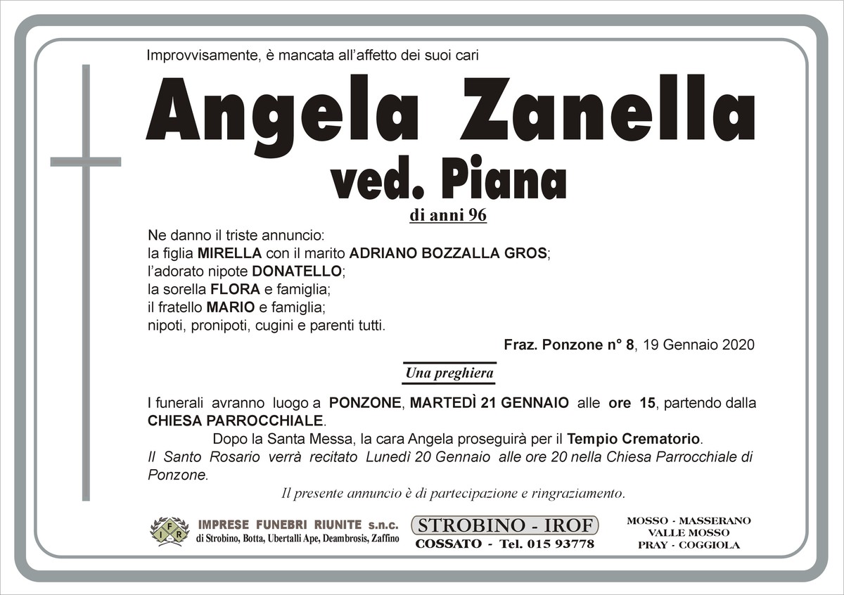 Angela Zanella Ved. Piana - Newsbiella.it