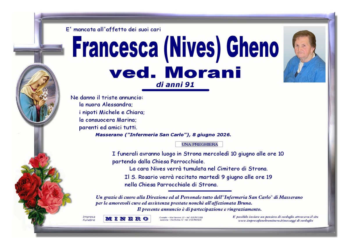 Francesca (Nives) Gheno, ved. Morani - Newsbiella.it