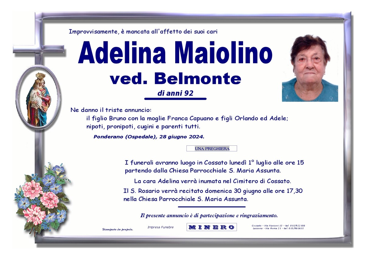 Adelina Maiolino, ved. Belmonte - Newsbiella.it