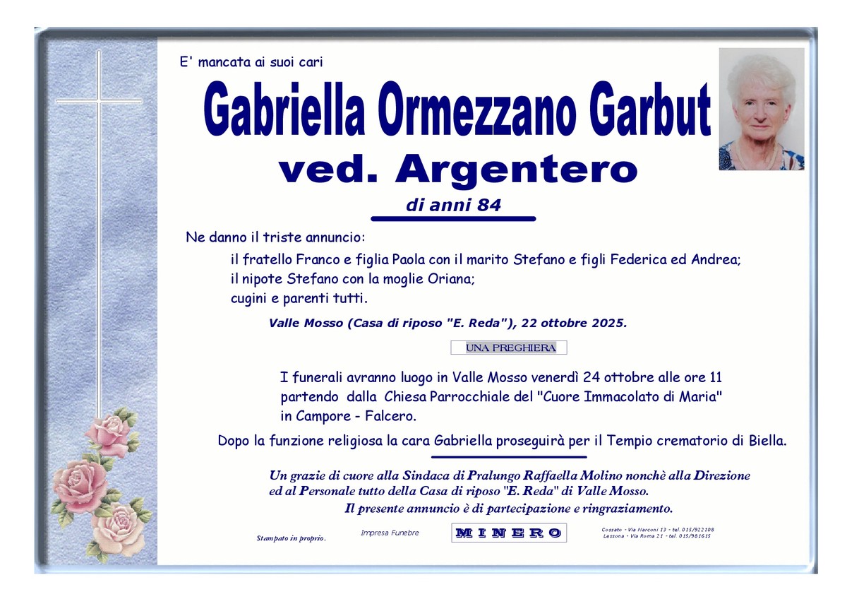 Gabriella Ormezzano Garbut, ved. Argentero - Newsbiella.it
