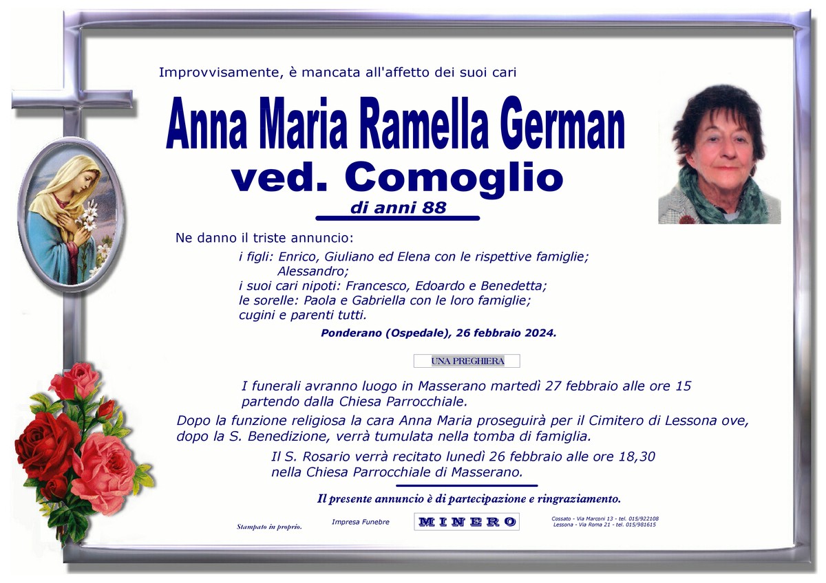 Anna Maria Ramella German, ved. Comoglio - Newsbiella.it