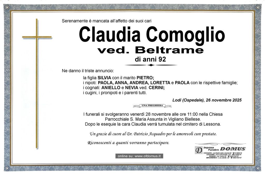 Claudia Comoglio, ved. Beltrame - Newsbiella.it