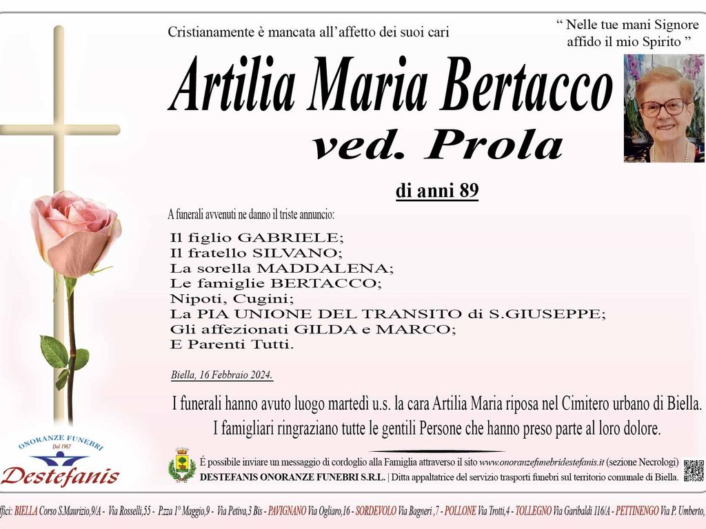 Artilia Maria Bertacco ved. Prola - Newsbiella.it